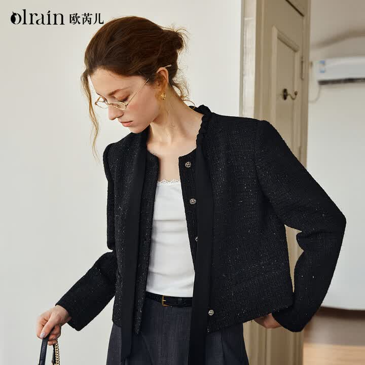 Olrain欧芮儿法式黑色显瘦飘带小香风春季新款时尚百搭短外套 黑色 M【图片 价格 品牌 报价】-京东