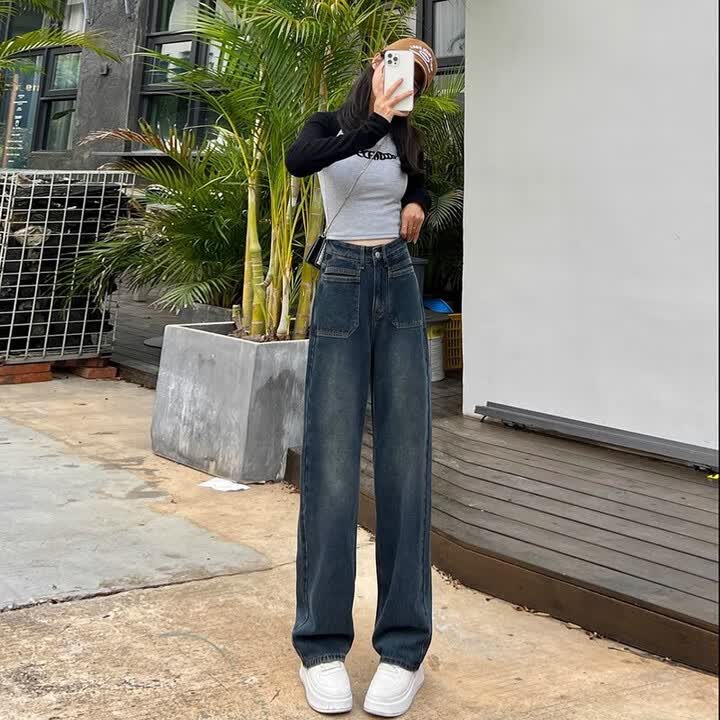 额尔菲斯（EARL FAYE J O）直筒牛仔裤女春秋设计感高腰宽松阔腿拖地裤子百搭长裤 蓝灰色【高品质】 S【图片 价格 品牌 报价】-京东