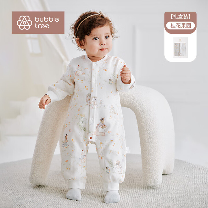 BUBBLE TREE婴儿睡袋连体衣春秋款新生儿宝宝针织夹棉对襟衣服哈衣爬服 桂花果园【吸湿透气】 推荐室温18-22℃ 90cm 【推荐1 ...