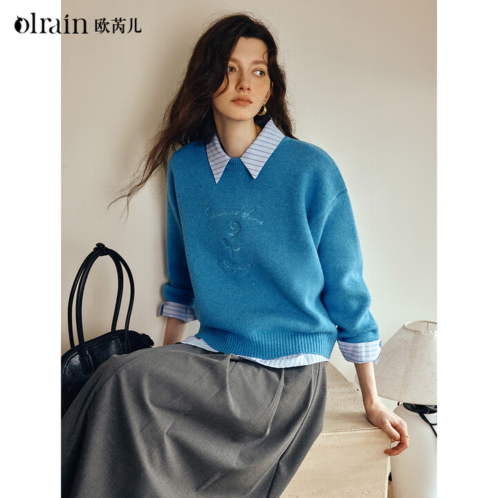 Olrain欧芮儿慵懒软糯显白蓝色绣花毛织套头衫女装冬季新款上衣 蓝色 S【图片 价格 品牌 报价】-京东