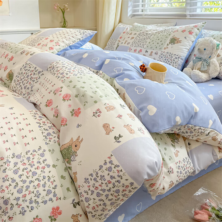100%纯棉四件套小清新全棉加厚床单被套小清新床上用品 繁花小兔 1.5床 床单款 （被套200*230cm）【图片 价格 品牌 报价】-京东