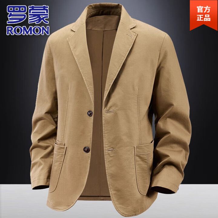 罗蒙（ROMON）休闲西服男装春秋季纯棉水洗商务外套上衣中青年宽松纯色小西装男 卡其色 XL【图片 价格 品牌 报价】-京东