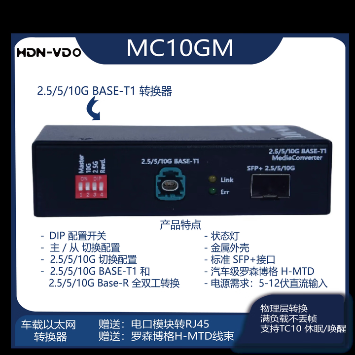 HDN-VDO万兆车载以太网转换器 2.5G/5G/10GBASE-T1转RJ45/SFP+ H-MTD MC10GM-Marvell方案 ...