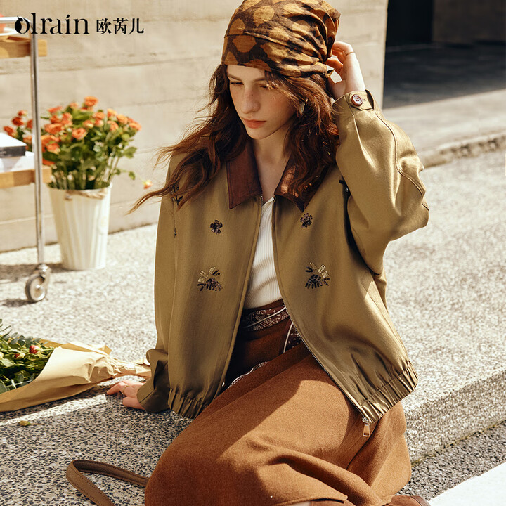 【OlrainGO57QW002082】Olrain欧芮儿女装秋季复古设计珠片绣花撞色翻领夹克短外套 卡其色 XL【行情 报价 价格 评测】-京东