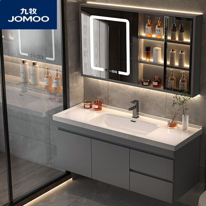 九牧（JOMOO）新款简约浴室柜陶瓷一体盆家用卫生间洗脸盆柜组合池镜 玻璃门标 星空灰+智能玻璃镜柜 80cm玻璃门标准镜柜(单镜柜)【图片 价格 品牌 报价】-京东