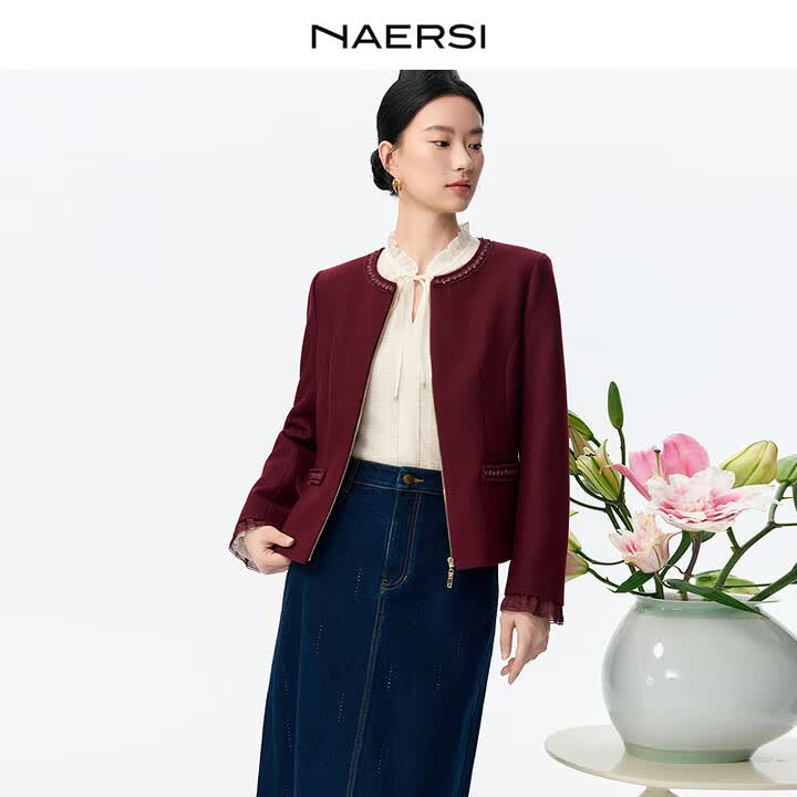 娜尔思（NAERSI）短外套闪耀钉钻香颂浪漫木耳边温柔优雅2026春季新款 灰红色 L【图片 价格 品牌 报价】-京东