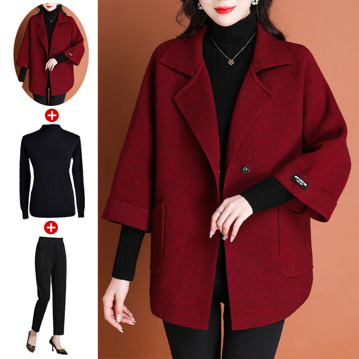 凯萨雯KAISHAWEN妈妈春装呢子外套2025新款女士风衣气质高贵中老年针织双面呢大衣 酒红色三件套 L 建议95-110斤【图片 价格 ...