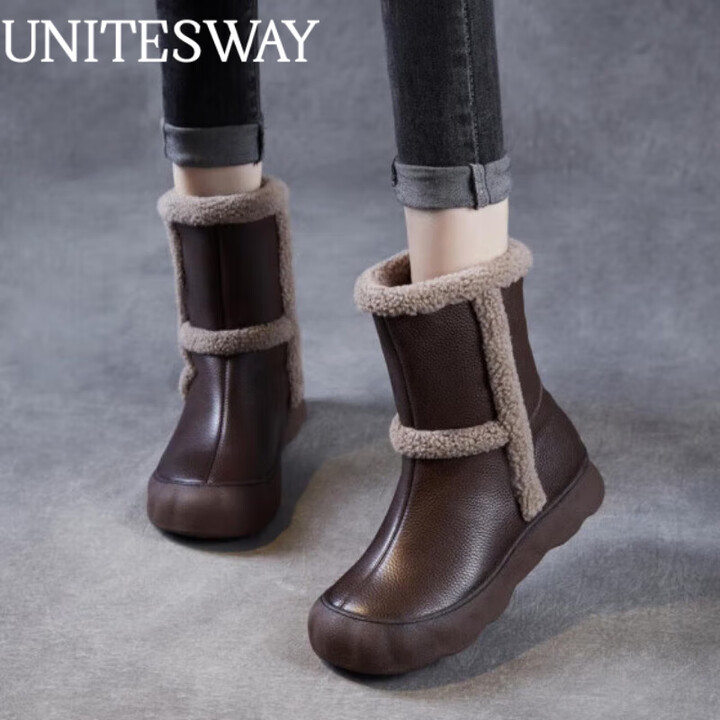 UNITESWAY雪地靴女2025冬新款头层牛皮加绒加厚短靴保暖户外防滑羊羔绒棉鞋 棕色加绒 35【图片 价格 品牌 报价】-京东