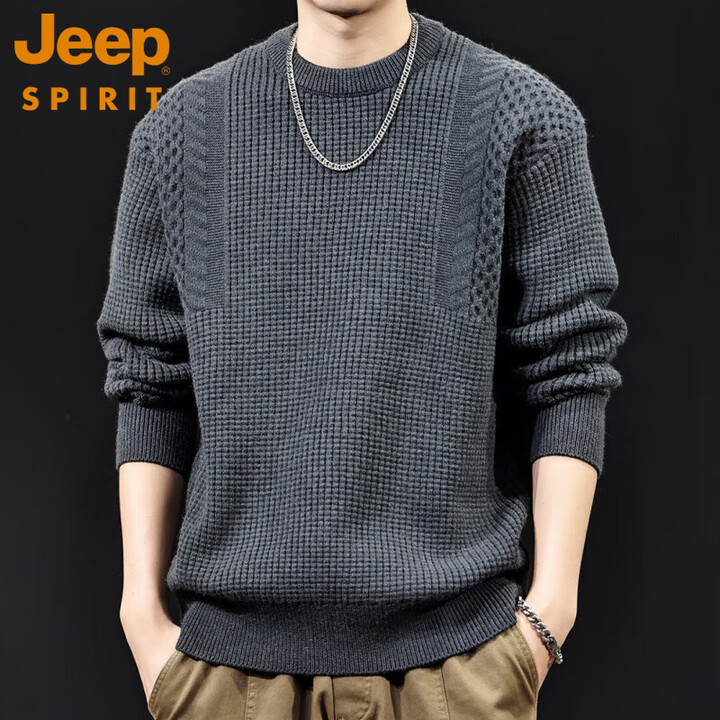 JEEP SPIRIT绞花纹毛衣男士2025年新款美式重磅秋冬季圆领复古慵懒风针织衫 WY9319油墨色 M 【适合115斤左右】【图片 价格 ...