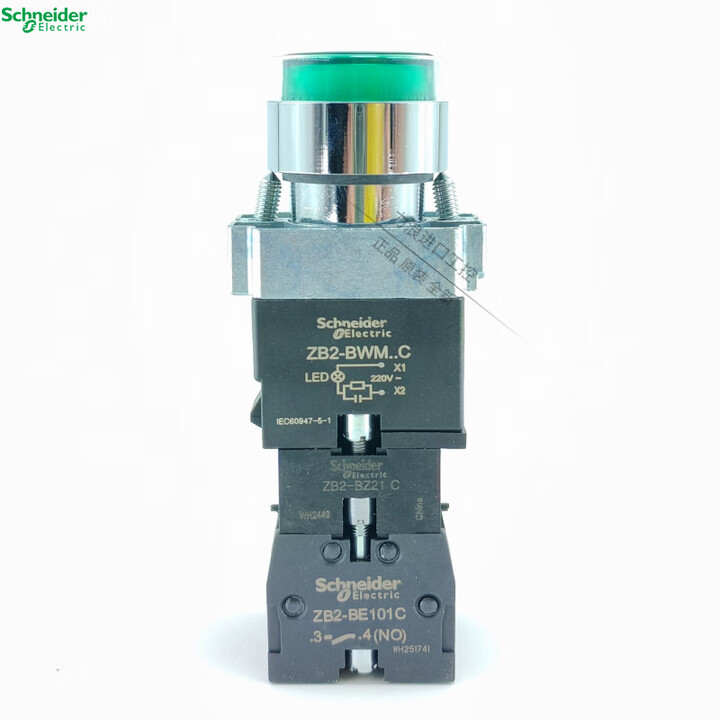 施耐德（Schneider）带灯自锁按钮开关 ZB2-BWB.C BWM.C+ZB2-BZ21C 绿色 1常开 自锁 AC220V【图片 价格 ...