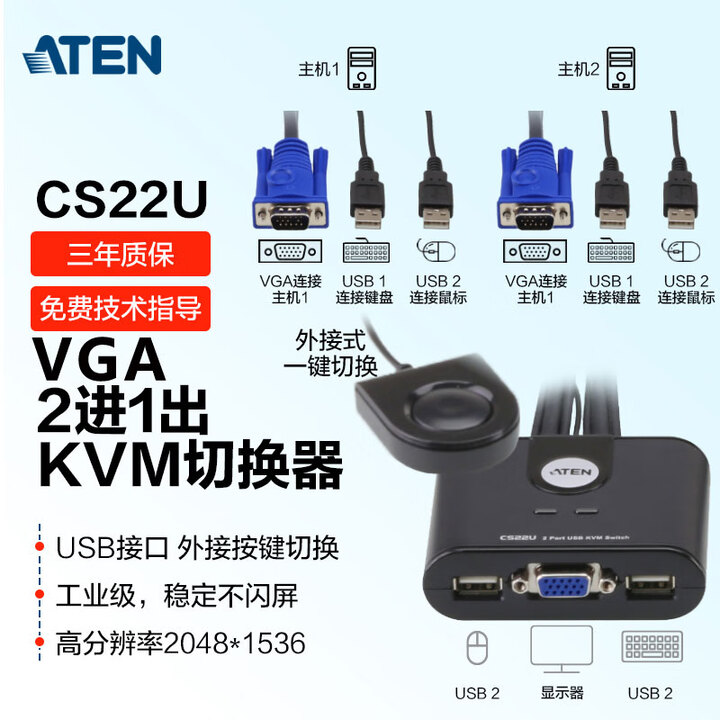 【CS22U】ATEN宏正 CS22U 隐藏式VGA2口KVM多电脑切换器usb键鼠共享器 2进1出分配器键鼠外接切换按键工业【行情 报价 ...