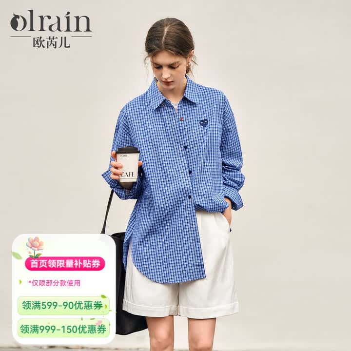 Olrain欧芮儿格子衬衫春季女装宽松通勤慵懒风MIU系衬衣上衣衣服 蓝色格子 M【图片 价格 品牌 报价】-京东