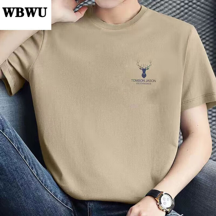 WBWU轻奢品牌短袖t恤男上衣服打底衫时尚潮流印花薄款圆领ins棉 小鹿卡其色 L (建议90-110斤)【图片 价格 品牌 报价】-京东